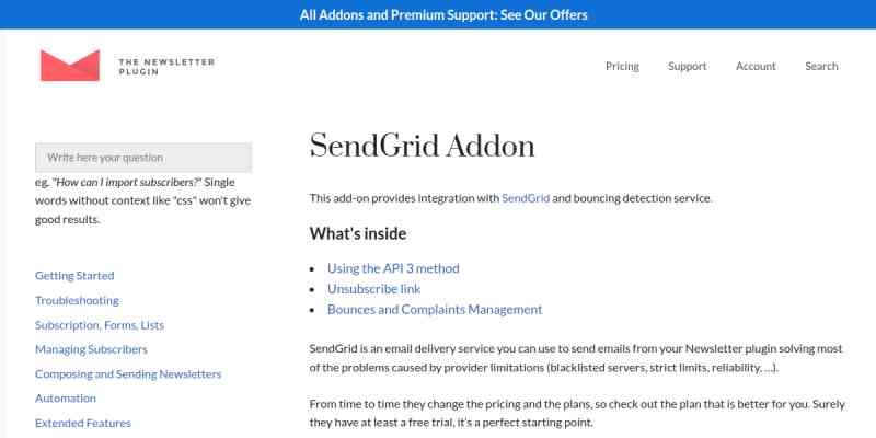 Newsletter - Sendgrid Addon - PluginsForWP